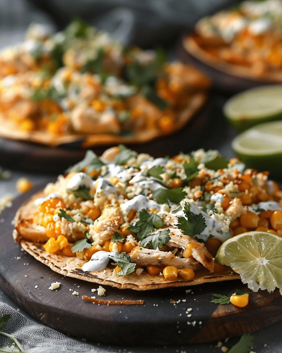 Street Corn Chicken Tostada Melts with Cilantro Lime Cream | All Cooked Up