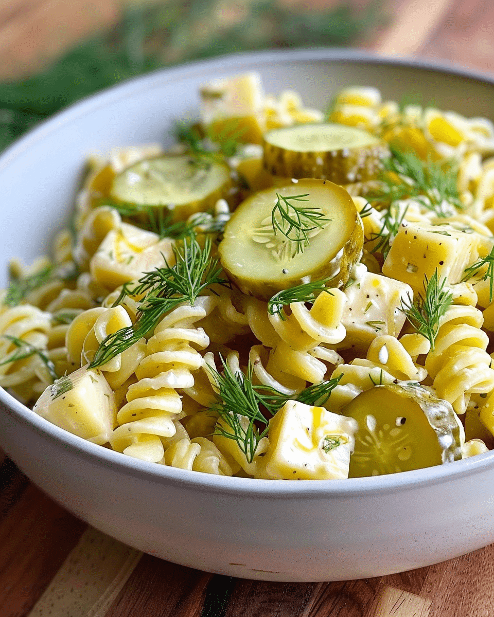 Tangy Dill Pickle Pasta Salad with Cheddar Cubes | All Cooked Up