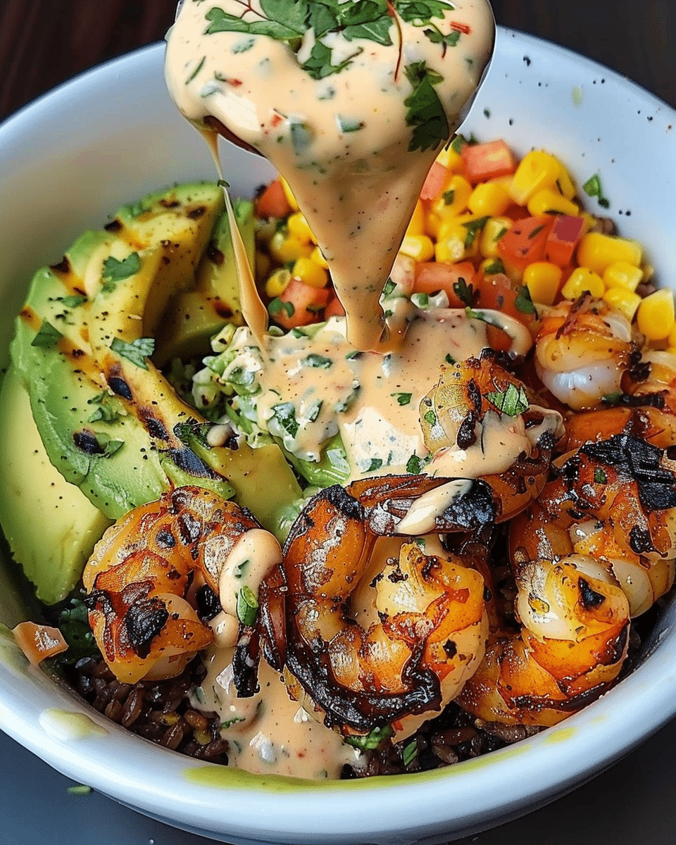 Grilled Shrimp Bowl with Avocado, Corn Salsa & Creamy Garlic Sauce ...